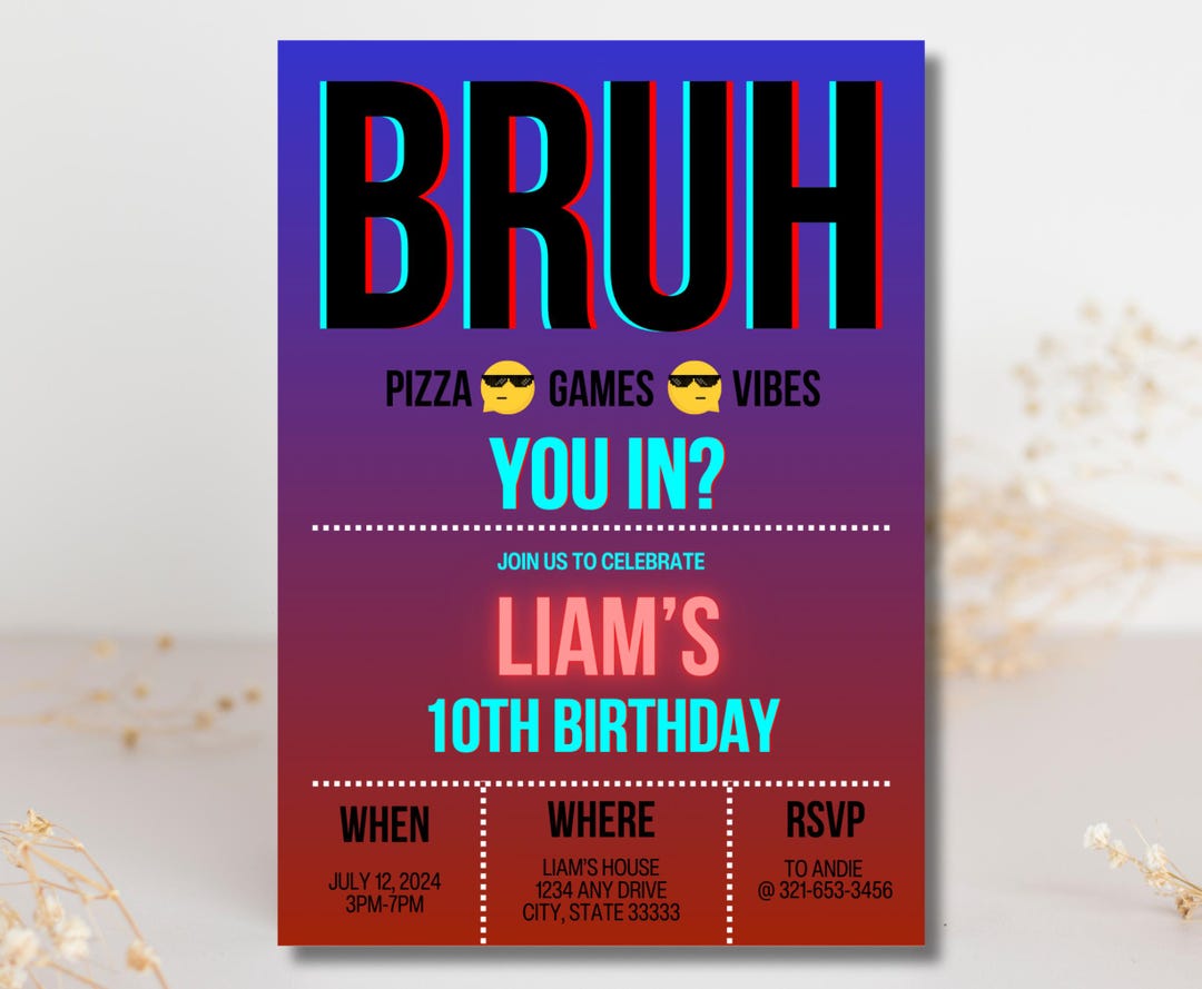 Bruh Gaming Birthday Invitation - Editable Sleepover Invite for Boys ...