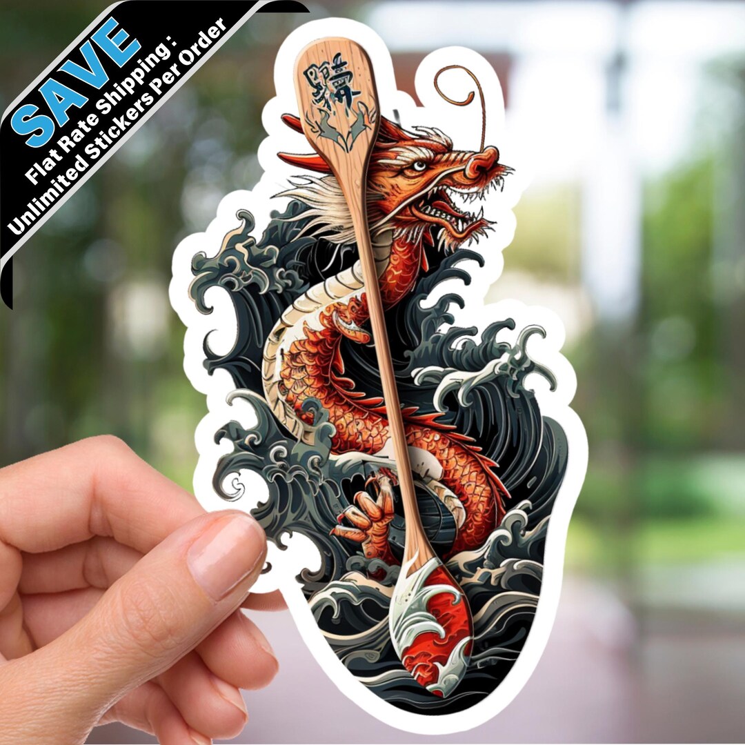 Red Dragon Boat Paddle Sticker With Waves and Fierce Dragon Art, Bold ...