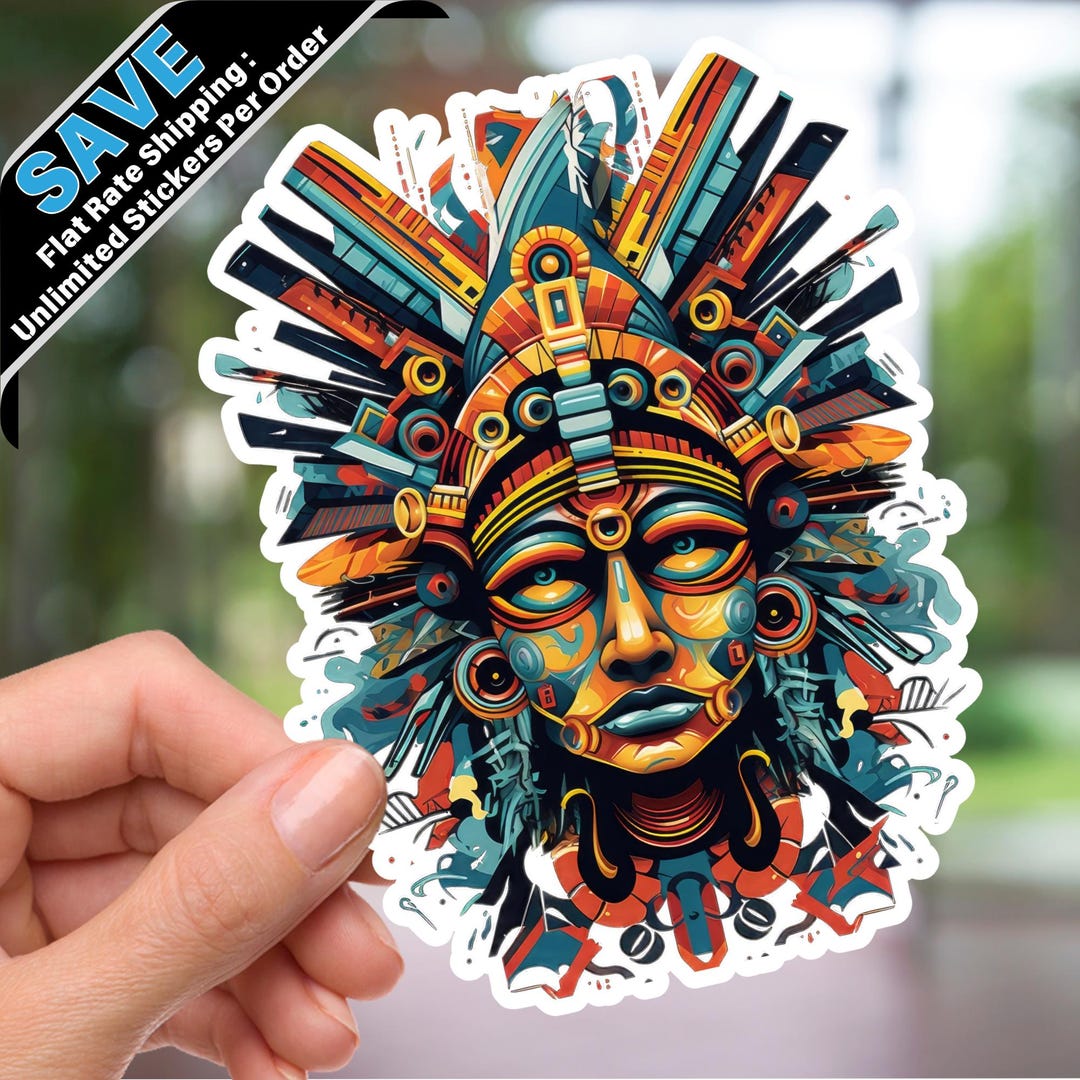 Colorful Aztec Sticker, Warrior Headpiece Vinyl Decal, Tribal Art ...