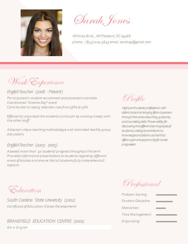 Resume Template Word CV Template Cover Letter Teacher - Etsy