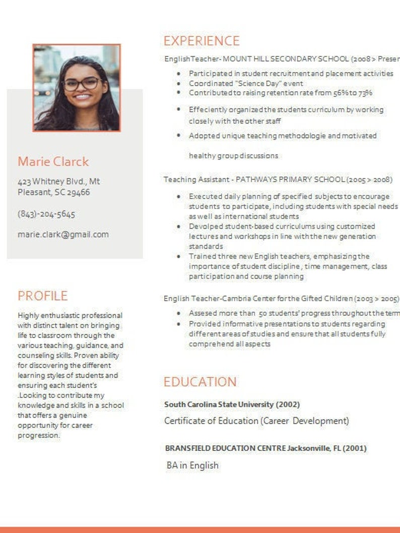 Resume Template Word CV Template Cover Letter Teacher | Etsy