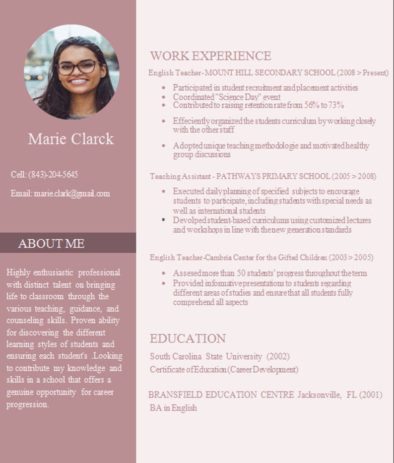 Resume Template Word CV Template Cover Letter Teacher - Etsy