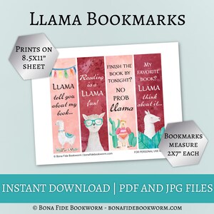 Printable Llama Bookmarks | Llama Bookmark Set | Llama Gifts | Book ...