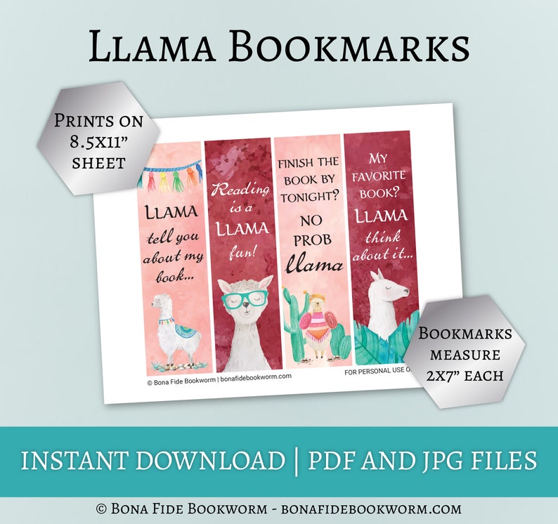 Printable Llama Bookmarks | Llama Bookmark Set | Llama Gifts | Book ...