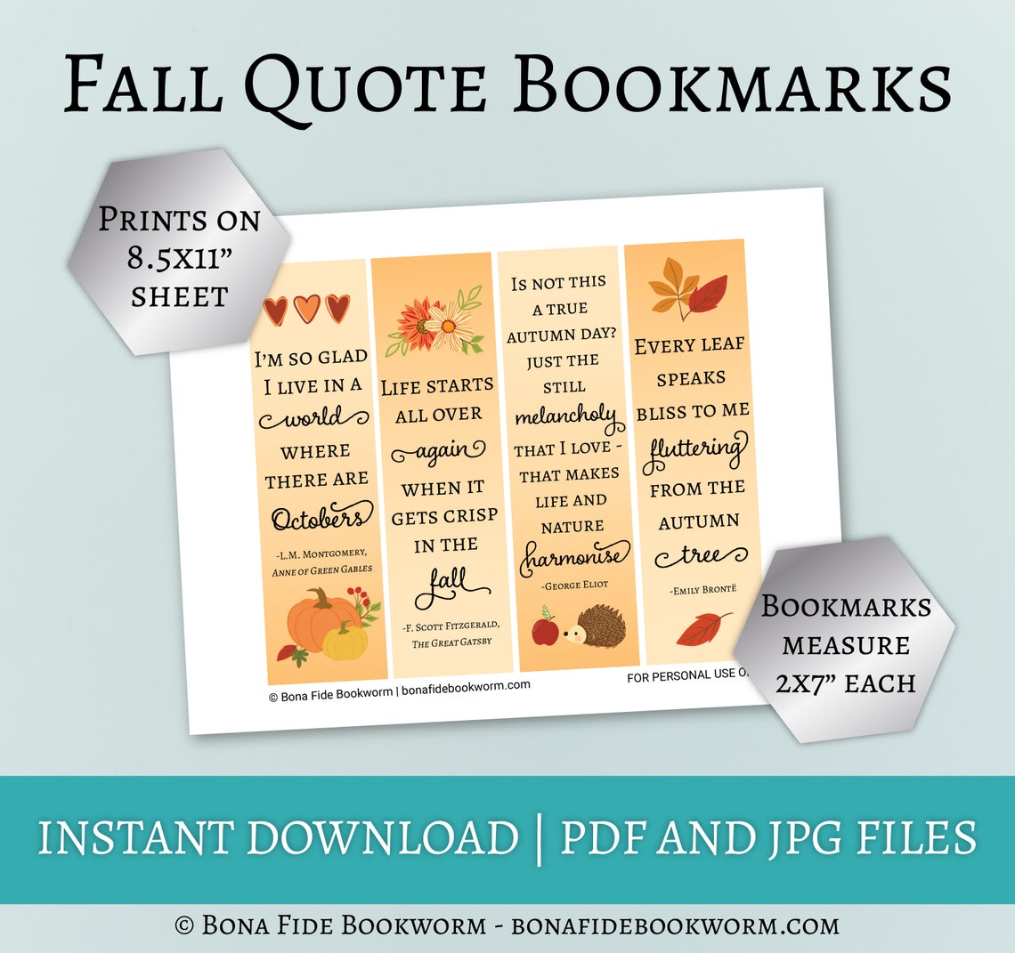 Printable Fall Bookmarks | Fall Quote Bookmark Set | Autumn Bookmarks ...