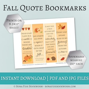 Printable Fall Bookmarks | Fall Quote Bookmark Set | Autumn Bookmarks ...