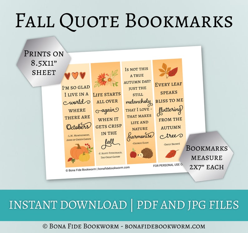 Printable Fall Bookmarks | Fall Quote Bookmark Set | Autumn Bookmarks ...