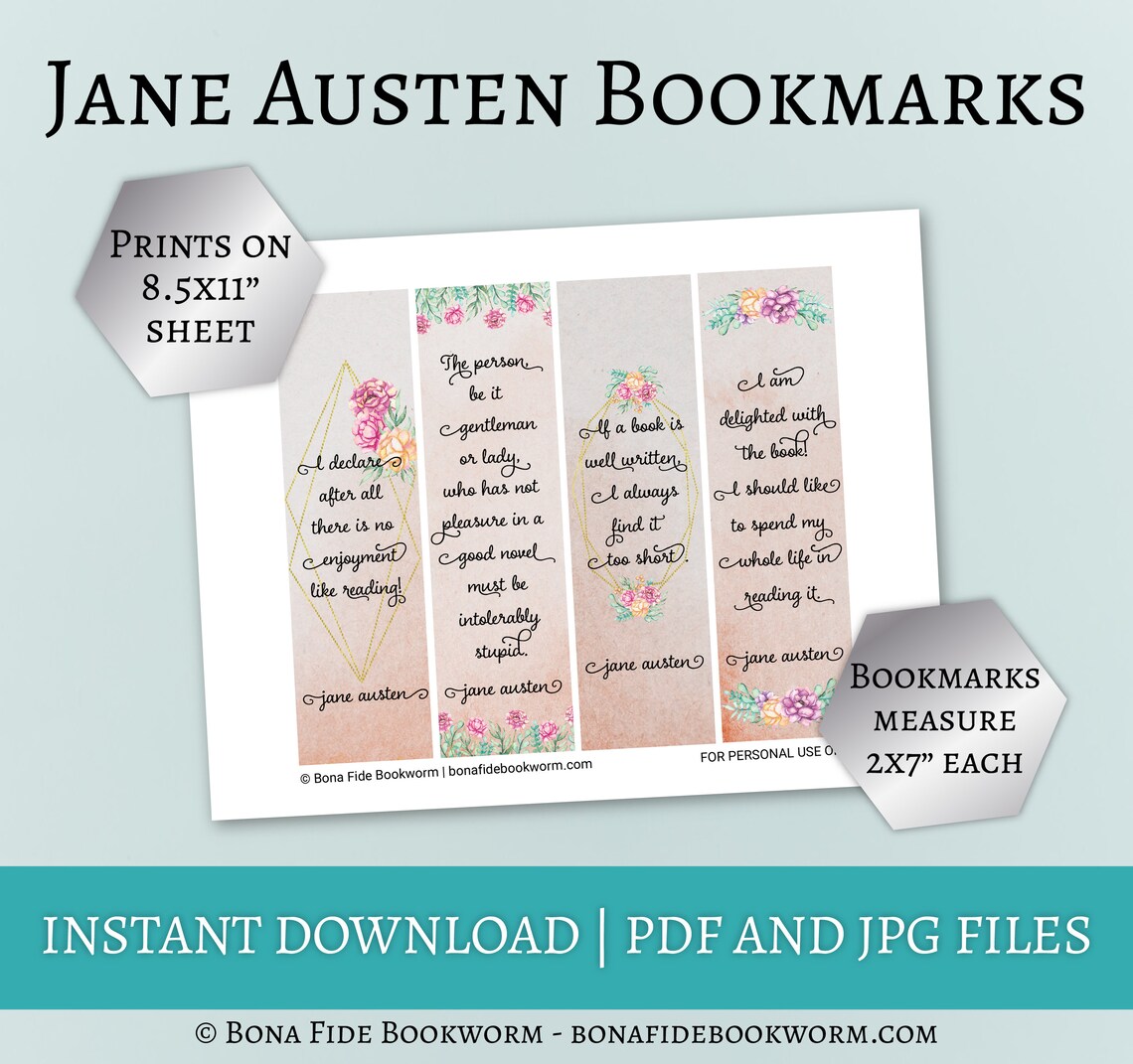 Printable Jane Austen Bookmarks Jane Austen Quote Bookmark Set Book ...