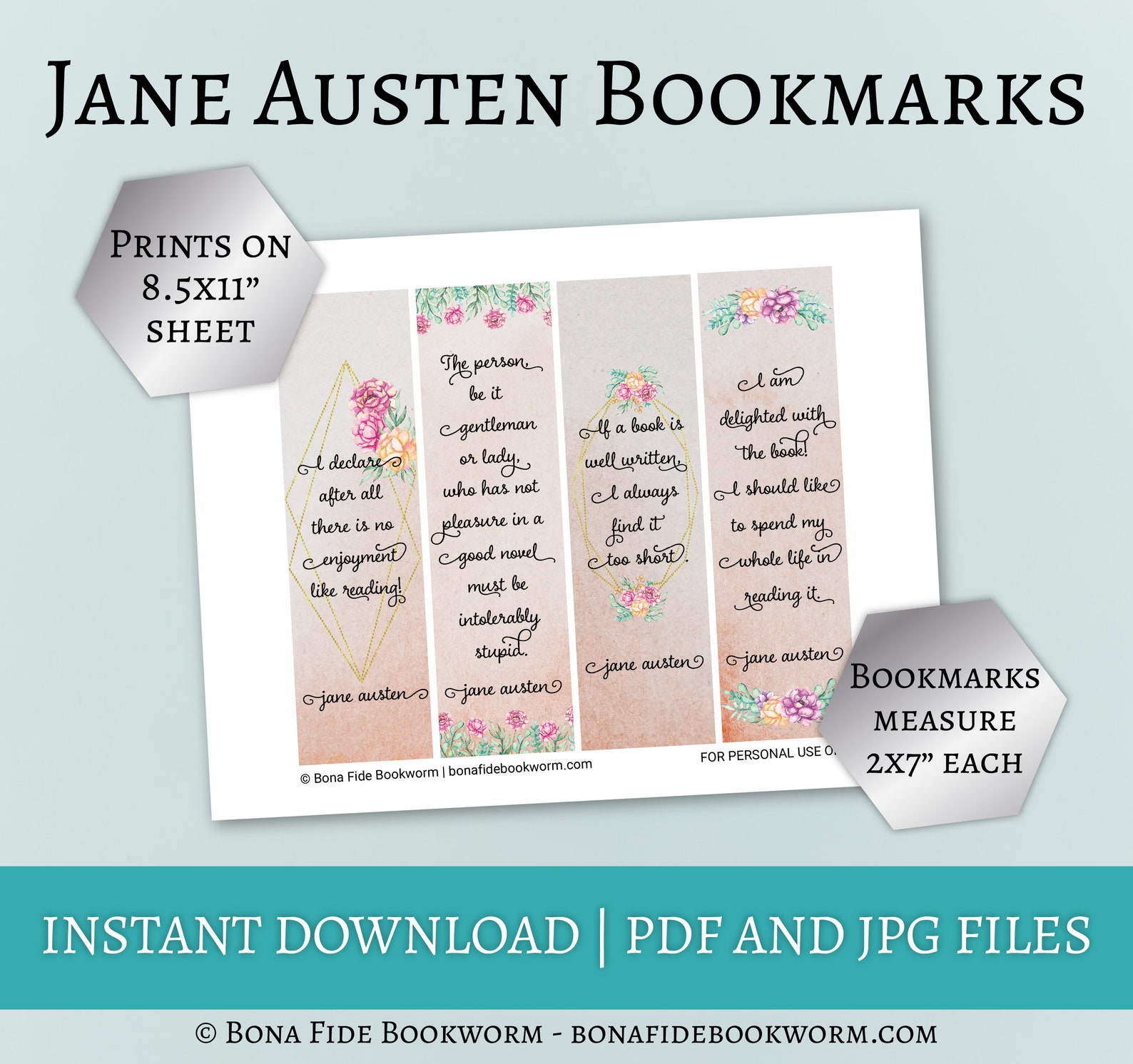 Printable Jane Austen Bookmarks | Jane Austen Quote Bookmark Set | Book ...
