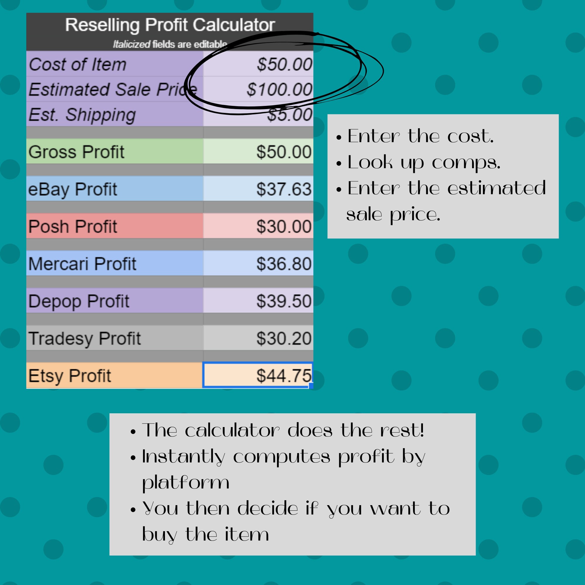Reselling Profit Calculator (google Sheet) for Ebay Poshmark Mercari ...