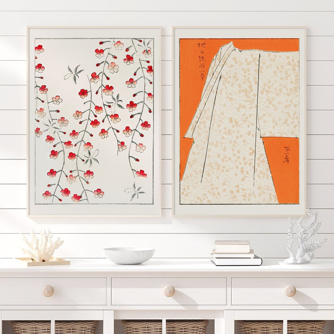 Cherry Blossom & Japanese Robe Illustration, Set of 2 Fine Art Wall ...