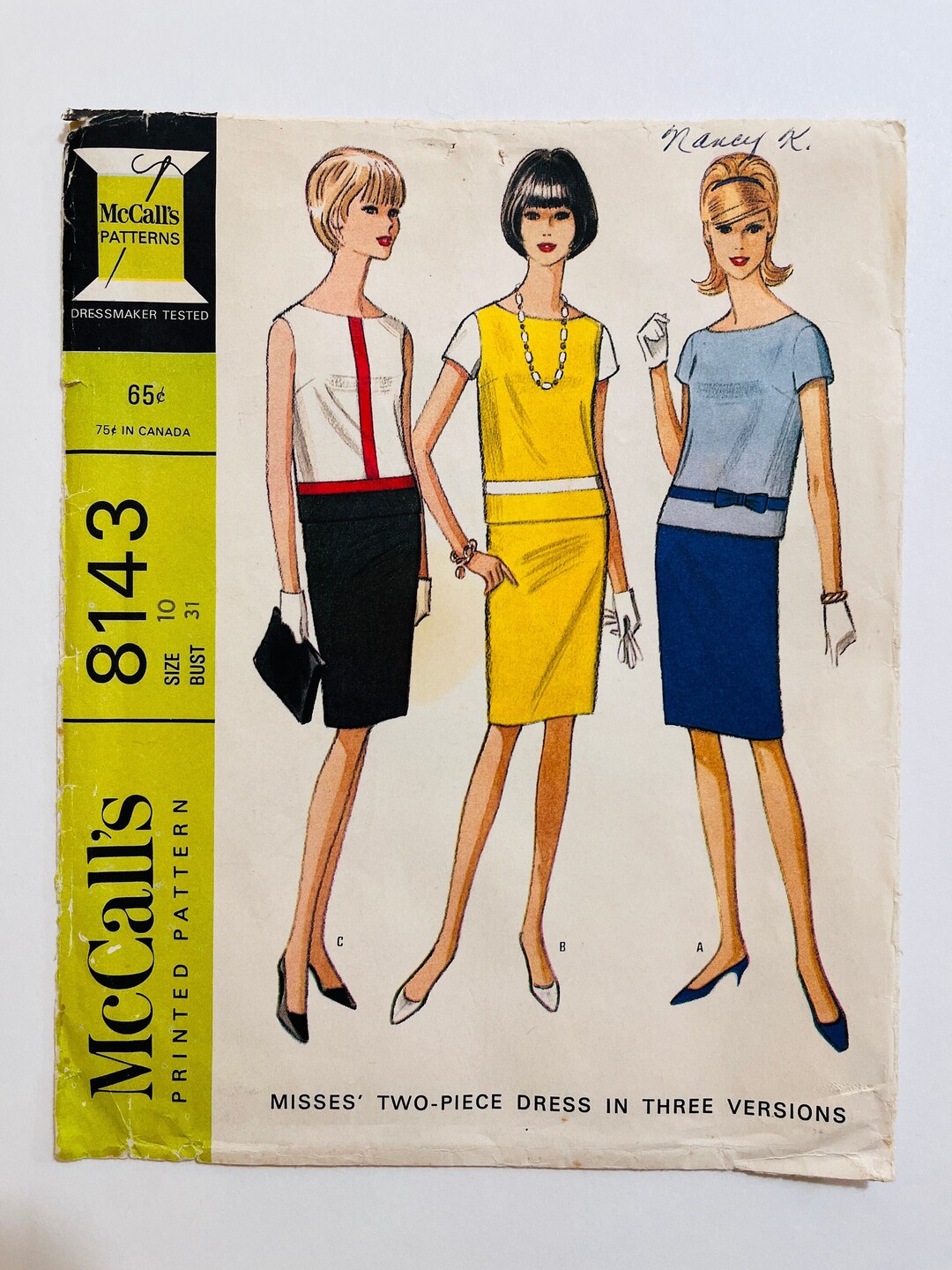 Mccall's 8143 bust 31 vintage 1960s Sewing Pattern 1965 Dress 60s Mod ...