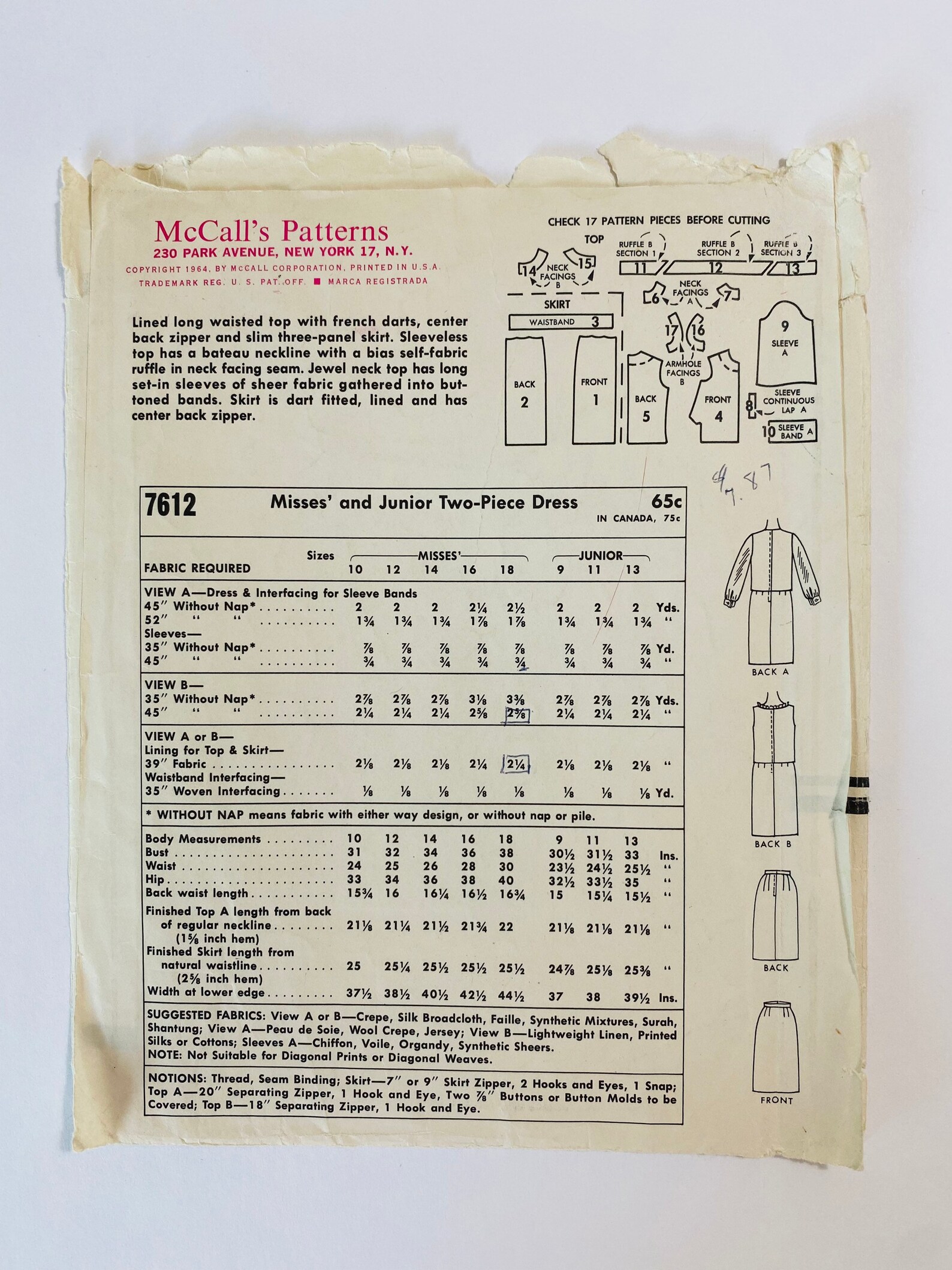 Mccall's 7612 bust 36 vintage 1960s Sewing - Etsy
