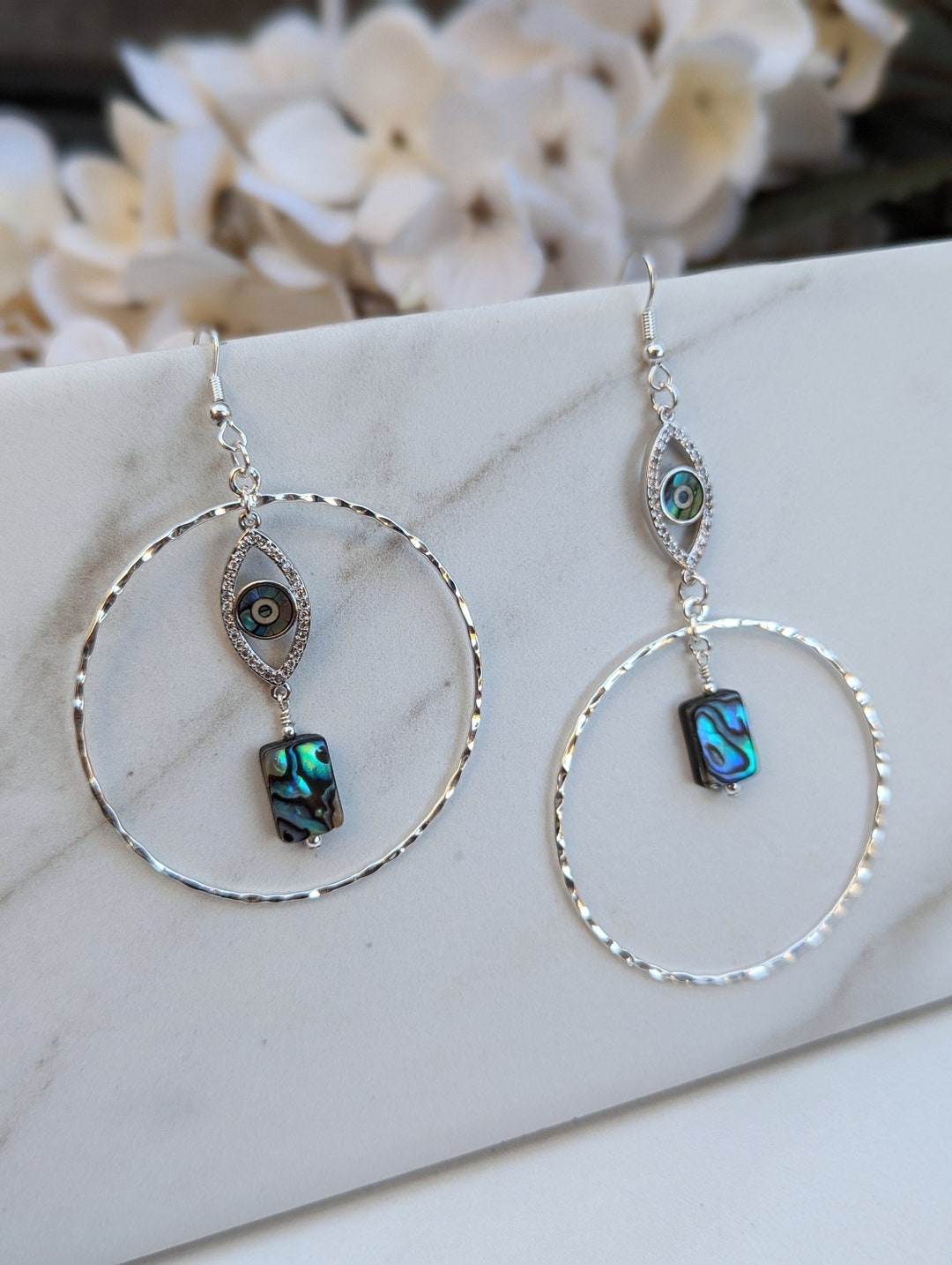 Large Silver Hoop Earrings, Abalone Shell Evil Eye Connector, Abalone ...