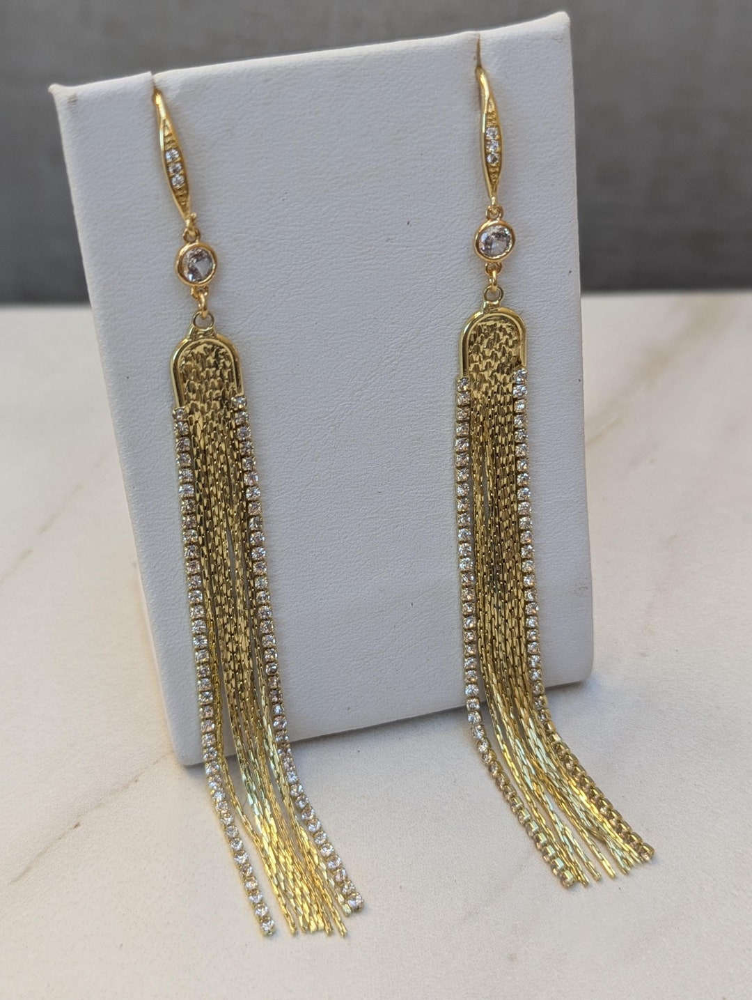 Gold Rhinestone & Gold Snake Chain Fringe Long Dangles Earrings, Gold ...