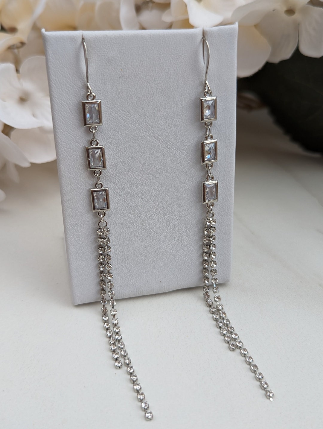Long Silver Rhinestone Chain Fringe Earrings, Silver Faceted Rectangle ...