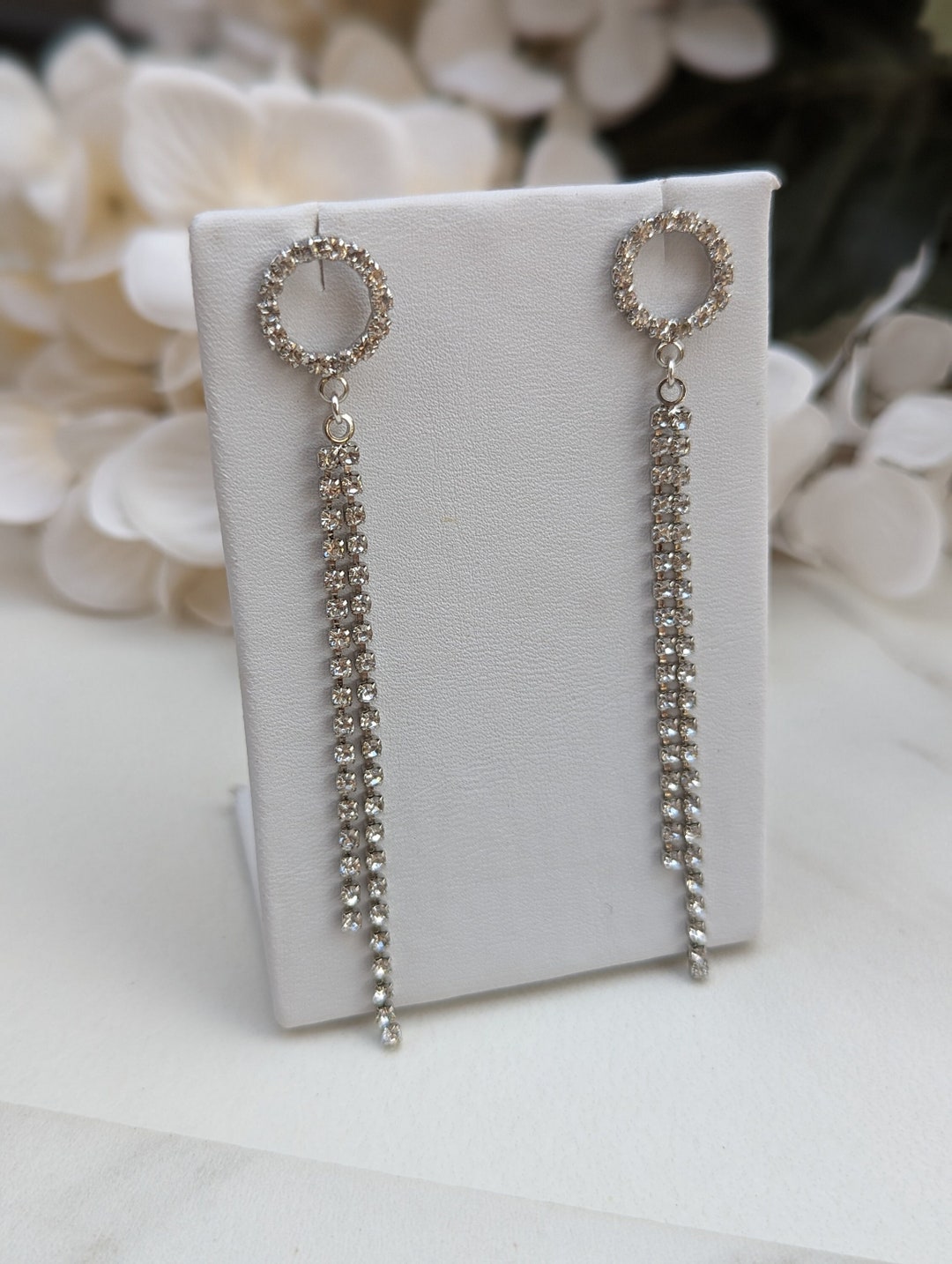 Long Silver Rhinestone Chain Fringe Earrings, Silver Micro Pave Circular Posts, Rhinestone ...