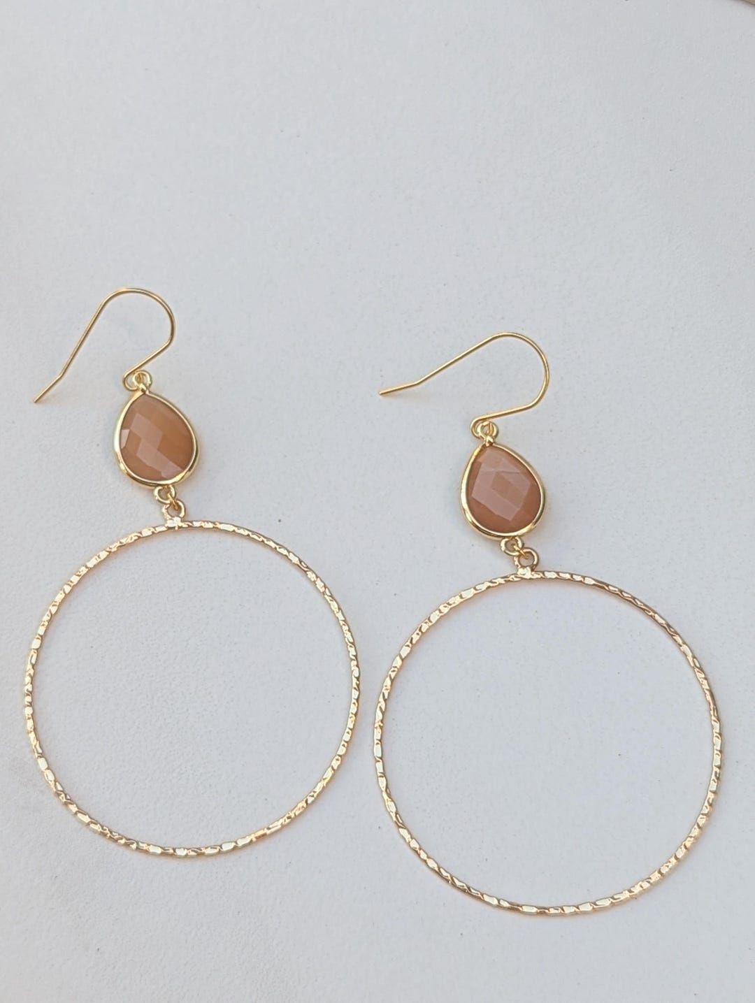 18k Gold Hammered Hoops W/ Peach Moonstone Teardrop Connector, Large ...