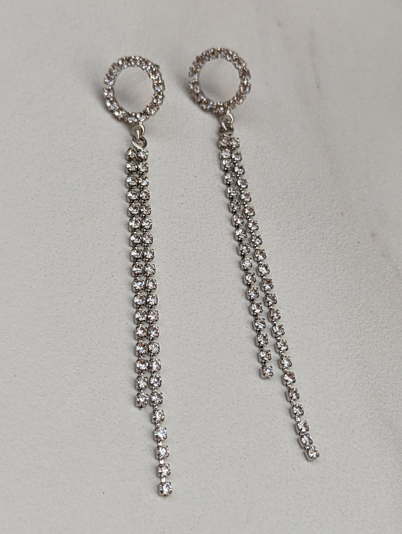 Long Silver Rhinestone Chain Fringe Earrings, Silver Micro Pave Circular Posts, Rhinestone ...