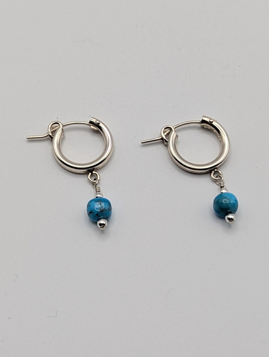 Sterling Silver Huggie Hoops W/ Wire Wrapped Turquoise Nugget - Genuine ...