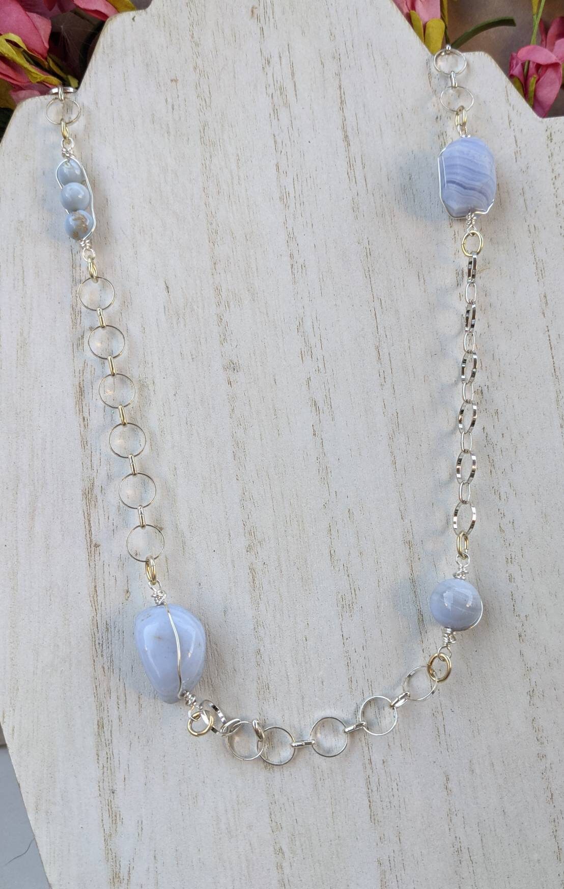 Long Silver Chain Necklace with Blue Lace Agate and Chalcedony | Etsy