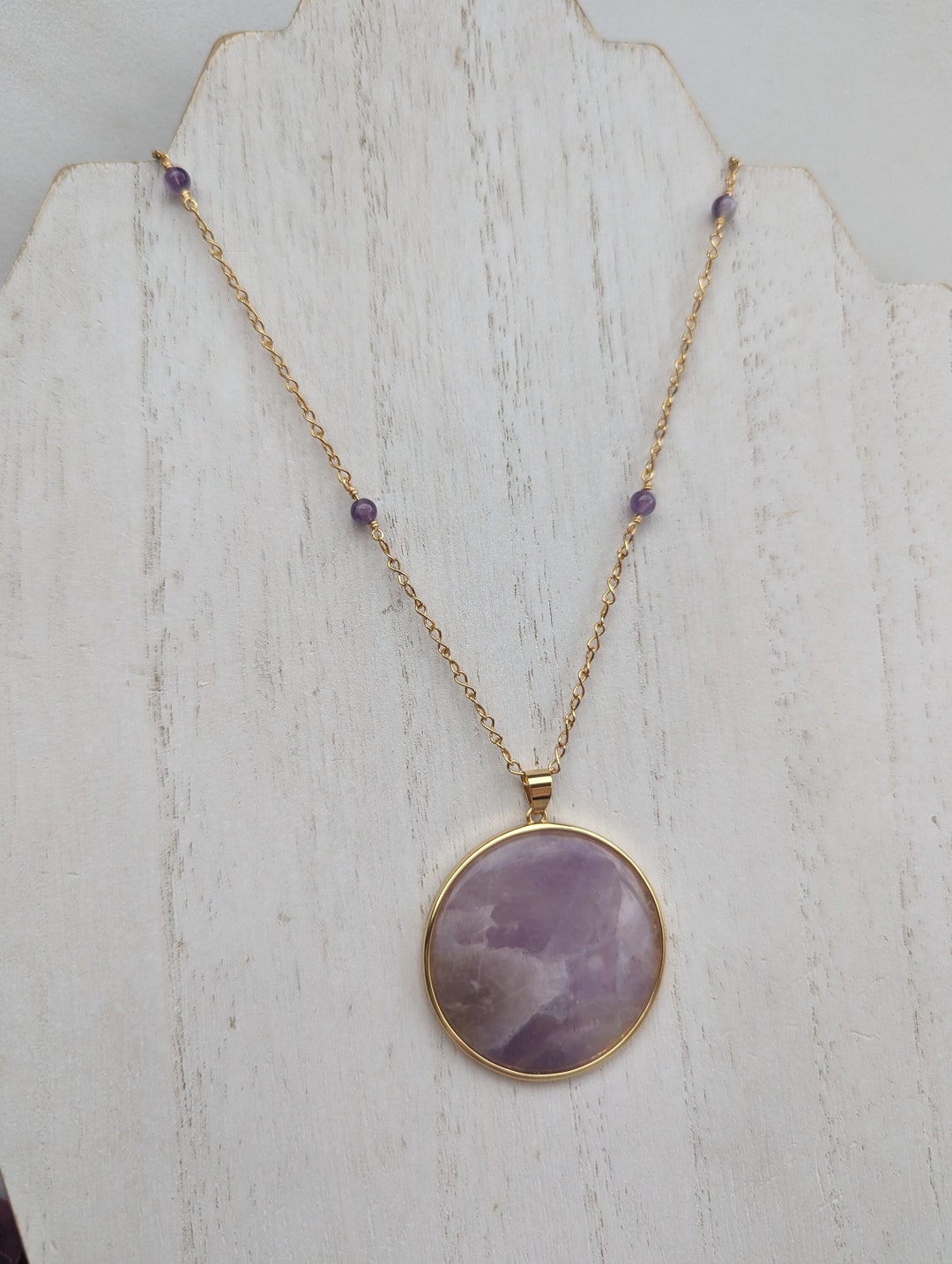 Long Gold Amethyst Necklace, Amethyst Coin Pendant, Amethyst Wire ...