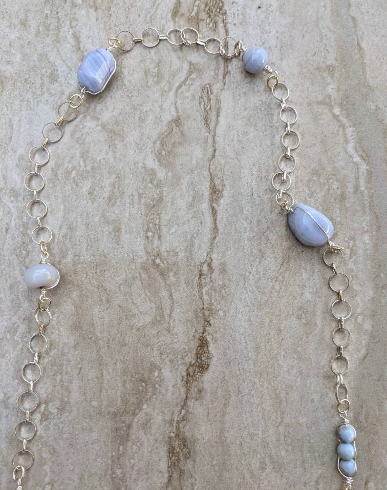Long Silver Chain Necklace with Blue Lace Agate and Chalcedony | Etsy
