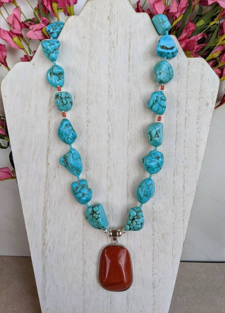 Chunky Genuine Turquoise Nugget Necklace with Agate Pendant | Etsy