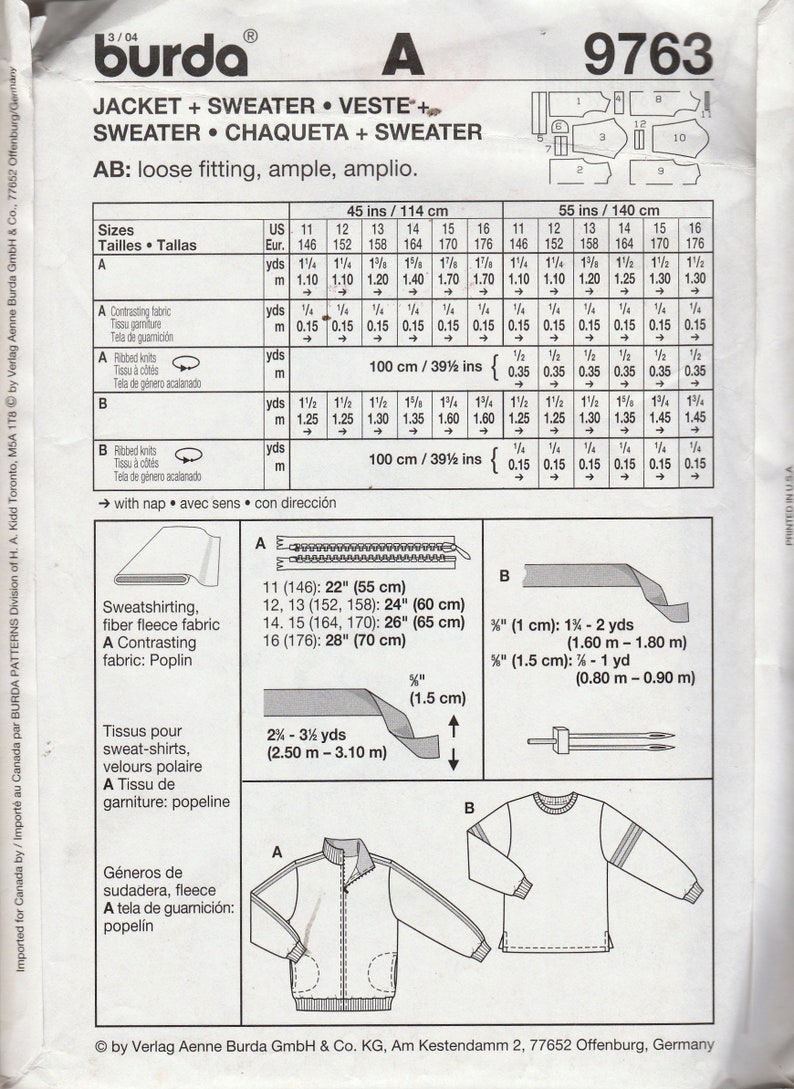 Sewing Pattern Burda 9763 Boys' Jacket & Sweater Size - Etsy