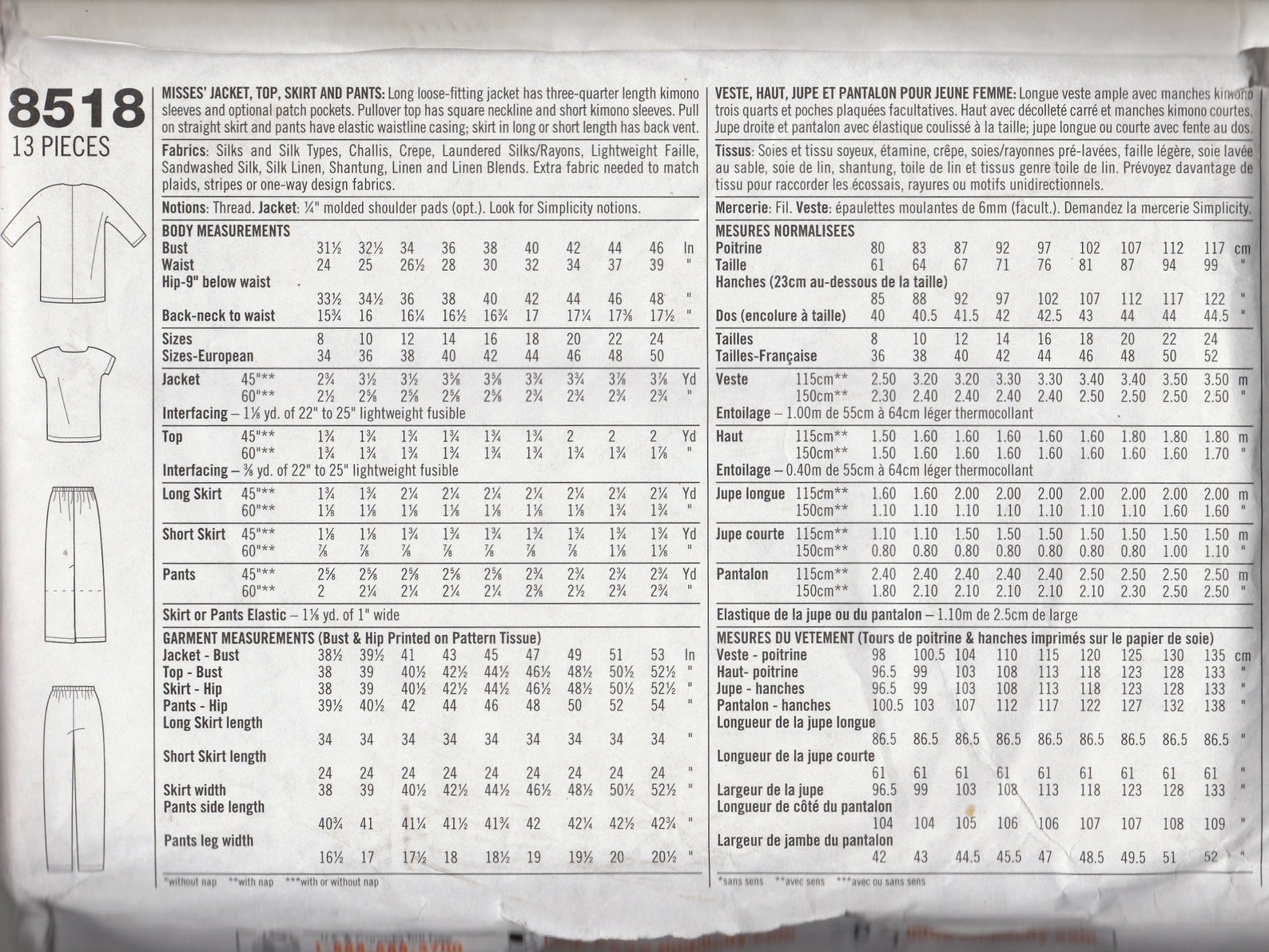 Sewing Pattern Simplicity 8518 Womens' Jacket, Top, Skirt & Pants, Size ...