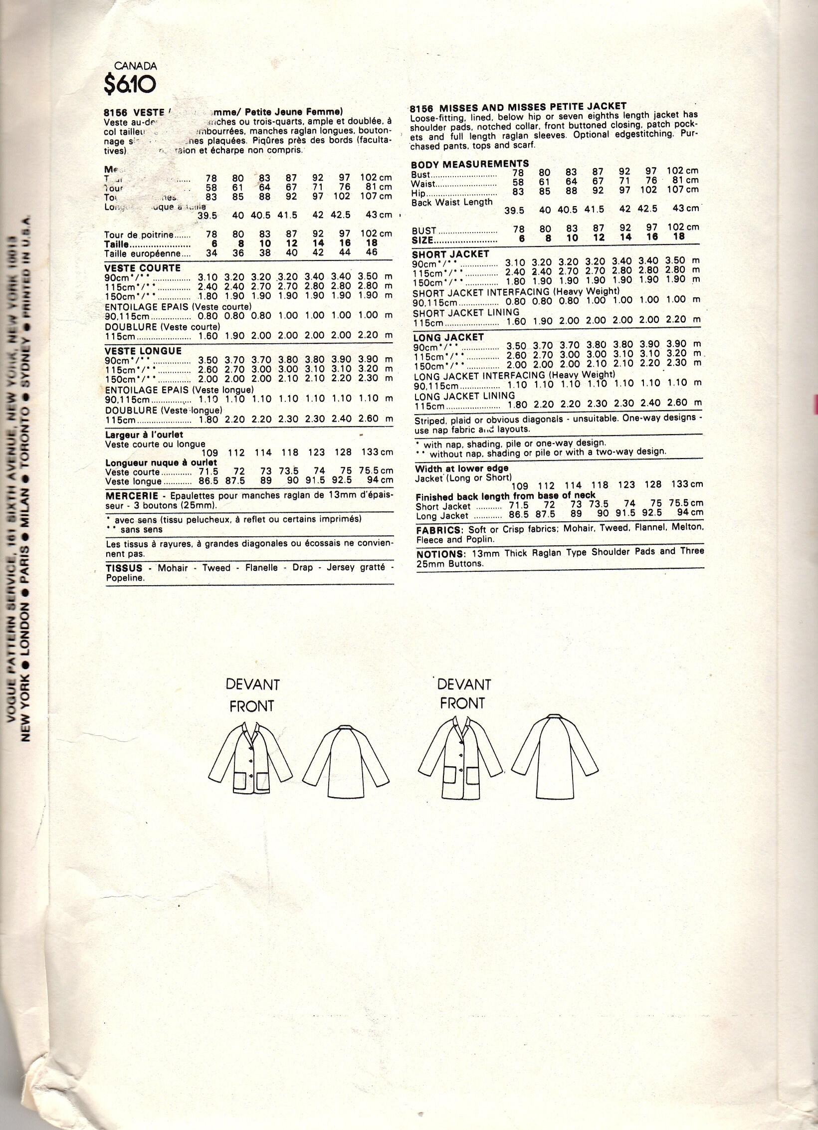 Sewing Pattern Vogue 8156 Womens' Jacket, Size 12, Uncut - Etsy