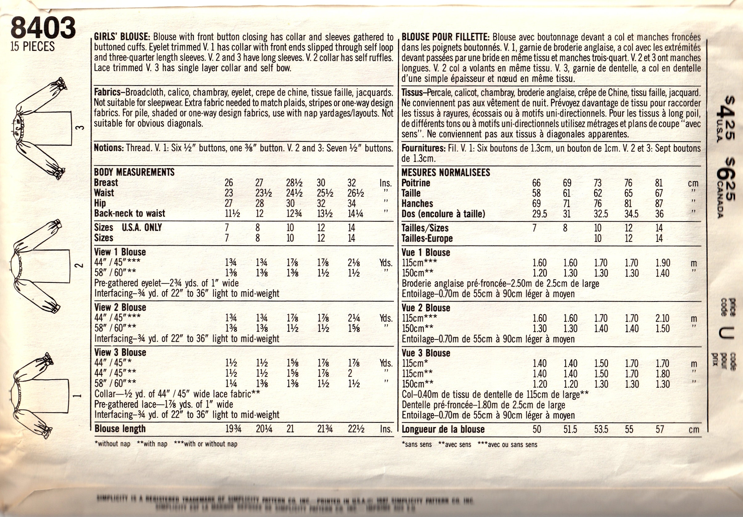 Sewing Pattern Simplicity 8403 Girl's Blouse, Size 7-10, Uncut - Etsy