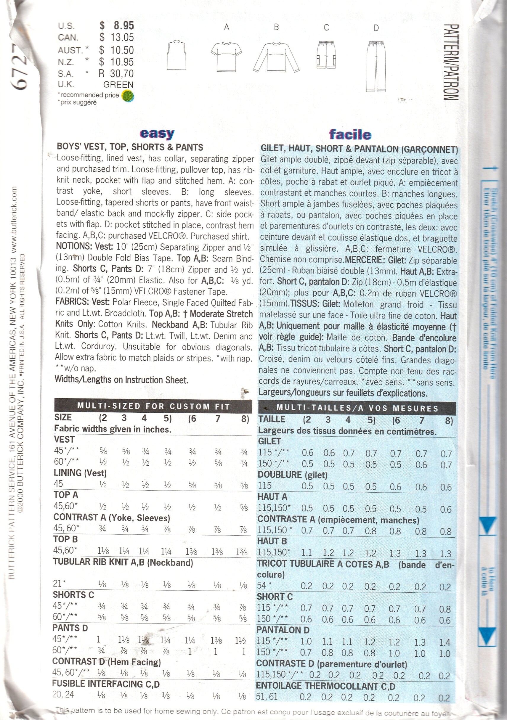 Sewing Pattern Butterick 6727 Vintage Children's Outfits, Size 6-8 ...