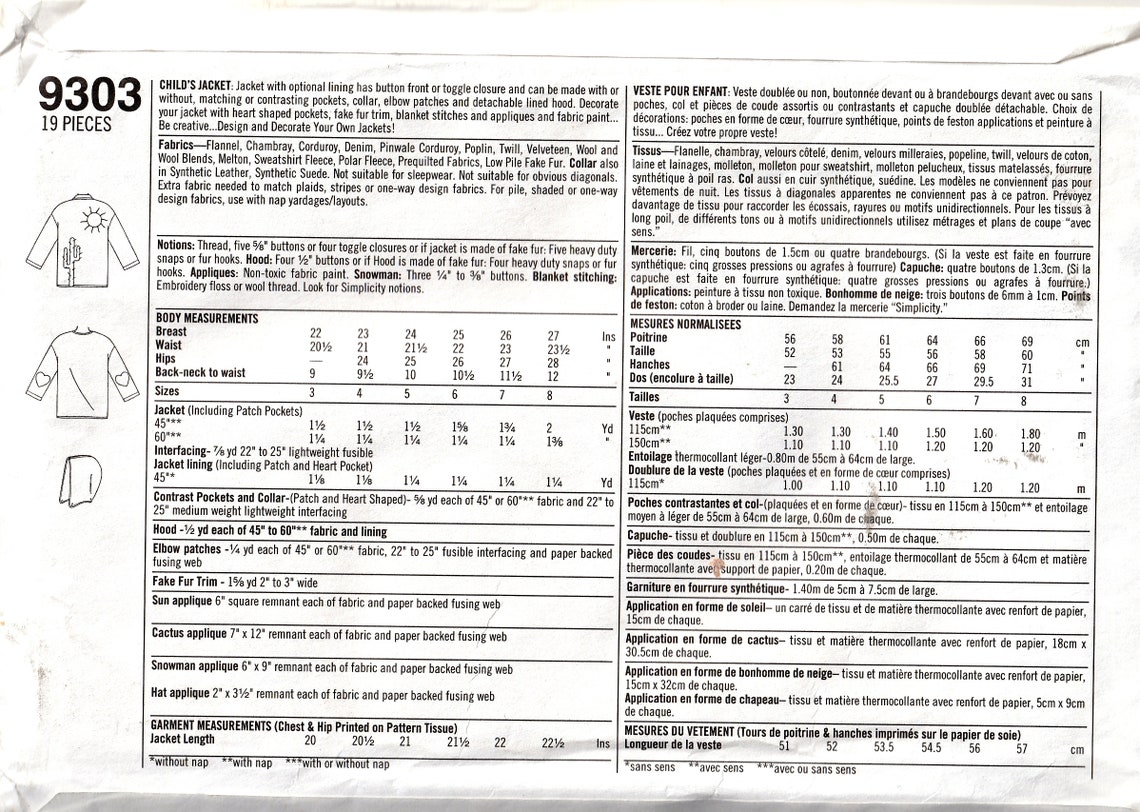 Sewing Pattern Simplicity 9303 Children's Jacket, Size 3-6, Uncut - Etsy