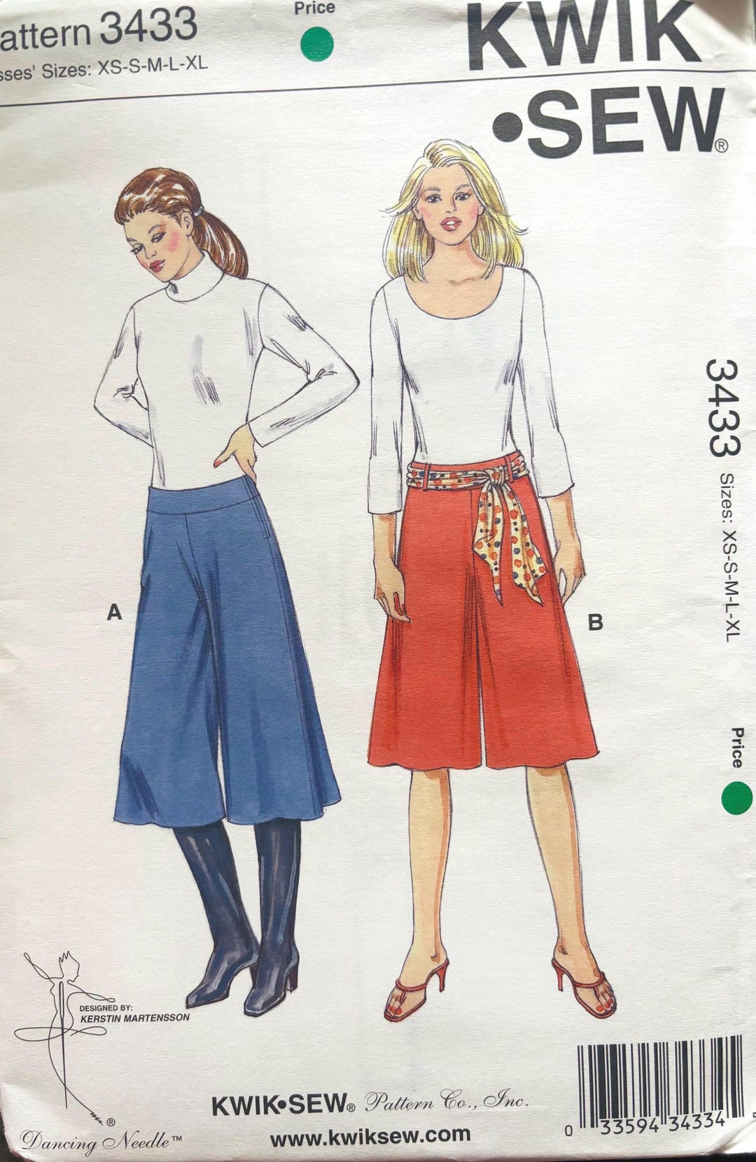 Sewing Pattern Kwik Sew 3433 Women's Gauchos & Sash - Size XS-XL Uncut ...