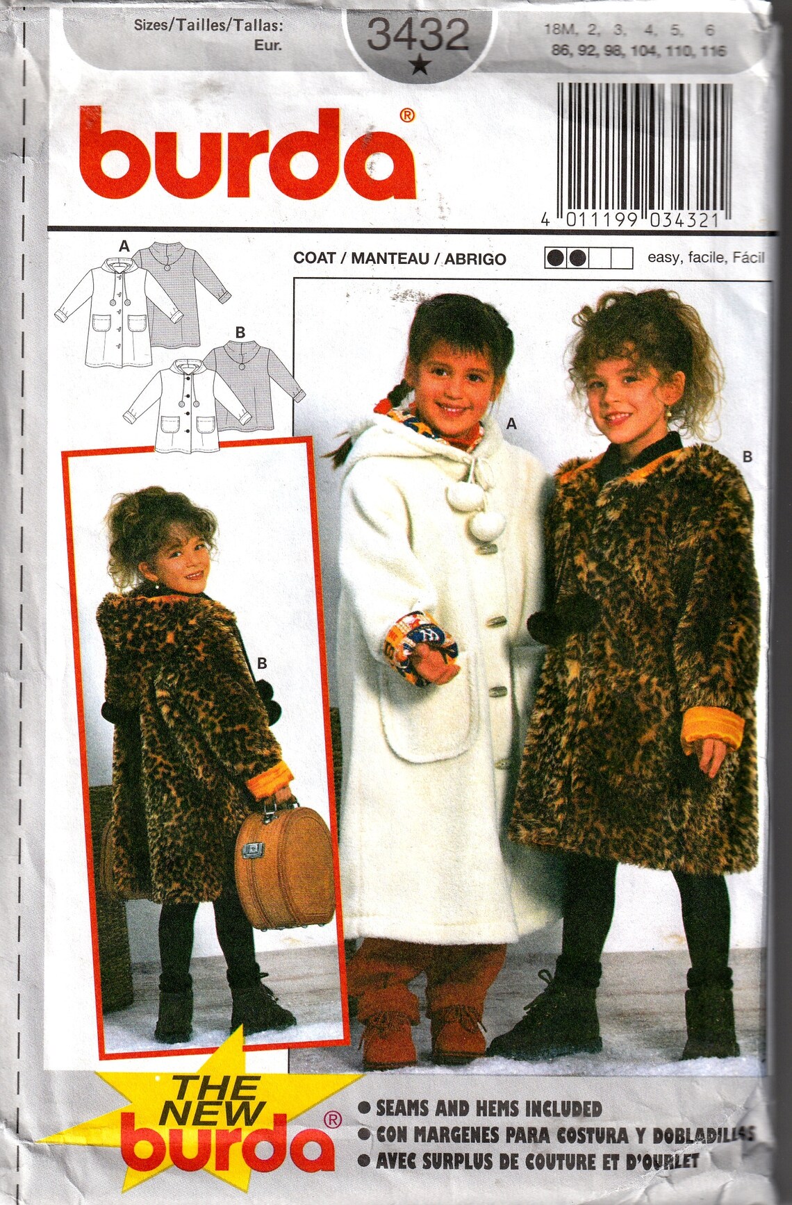 Sewing Pattern Burda 3432 Children's Coat, Size 18m, 2-6, Uncut - Etsy