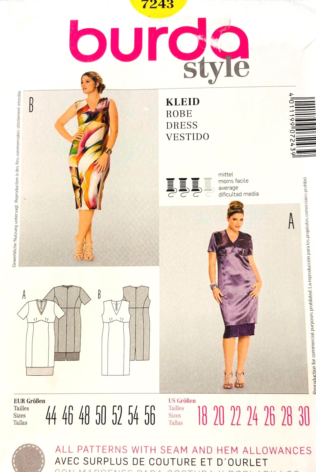 Sewing Pattern Burda 7243 Women's Dress, Size 18-20-22-24-26-28-30 ...