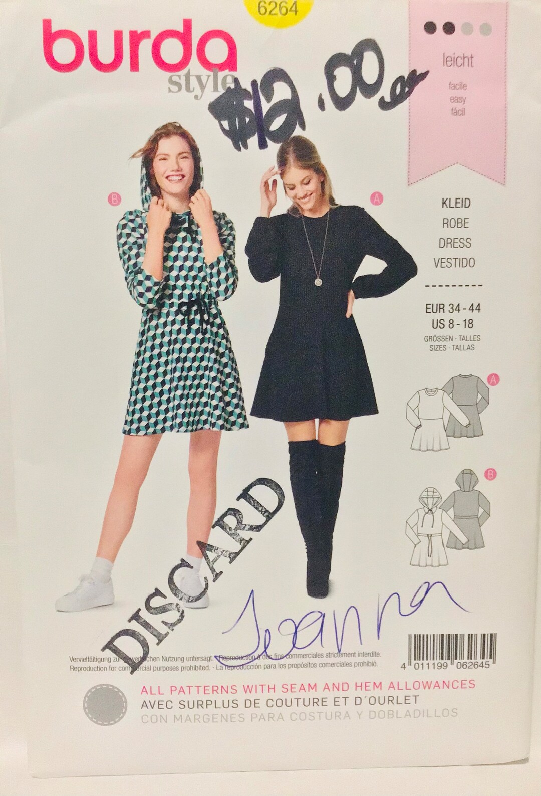 Sewing Pattern Burda 6264 Women’s Semi-fitted Dress With Hood- Size 8 ...