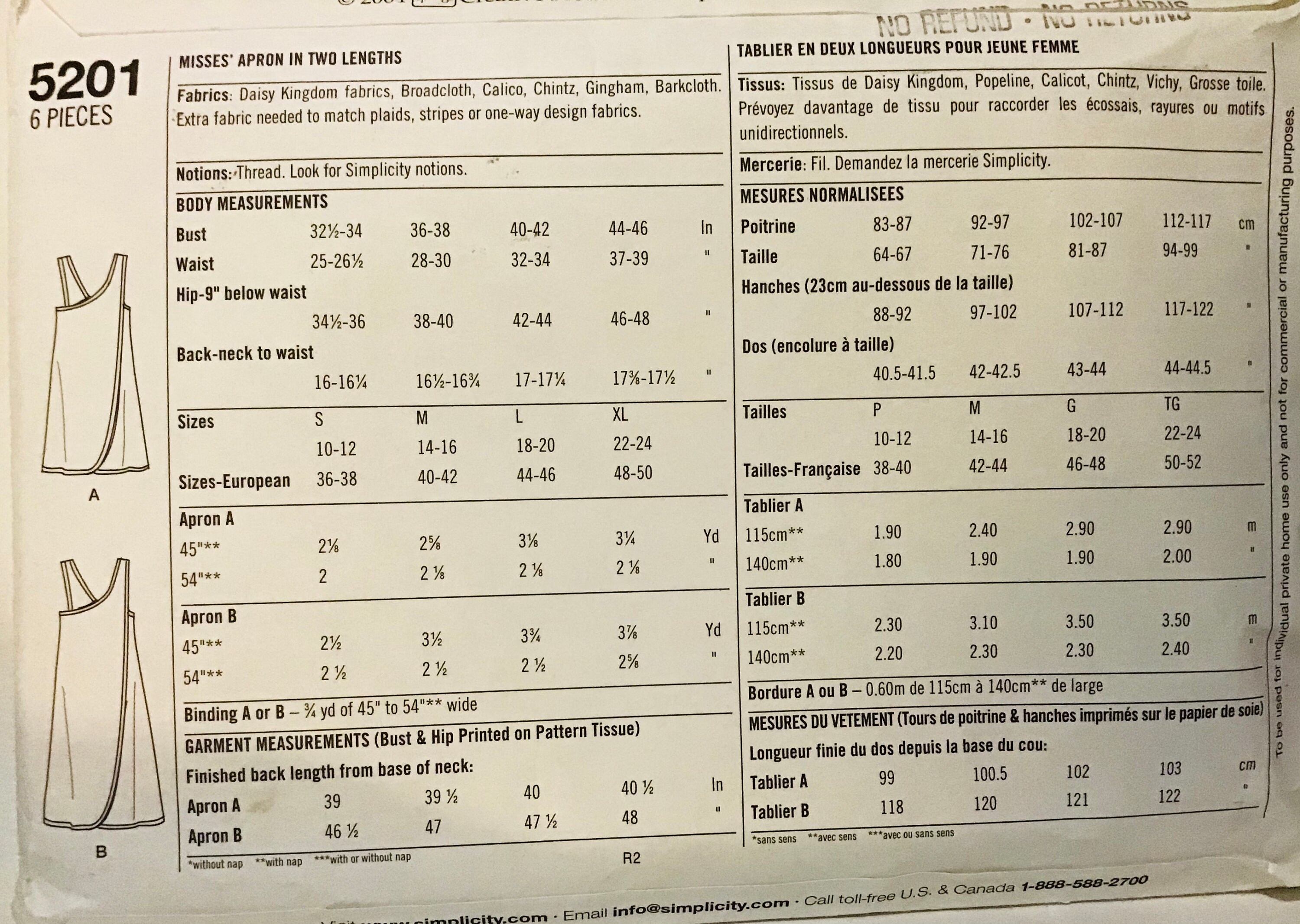 Sewing Pattern Simplicity 5201 Women’s Apron Size in 2 Lengths S-M-L-XL ...