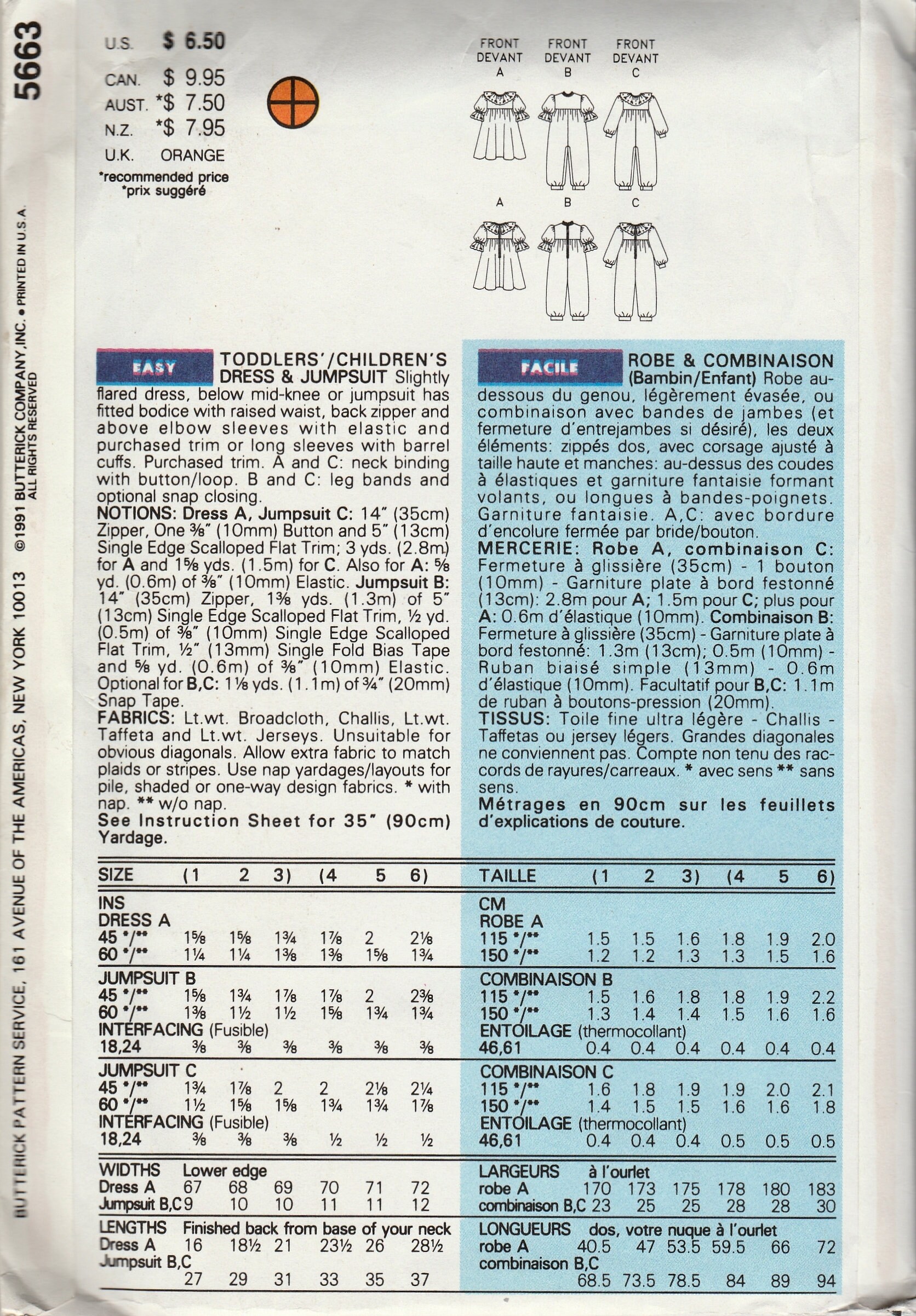 Sewing Pattern Butterick 5663 Toddlers' Dress & Jumpsuit, Size 4,5,6 ...