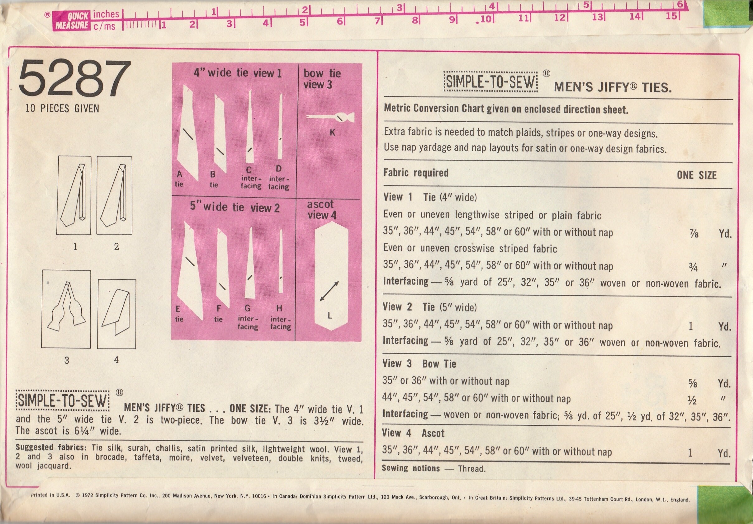 Sewing Pattern Simplicity 5287 Jiffy Ties One Size Uncut - Etsy