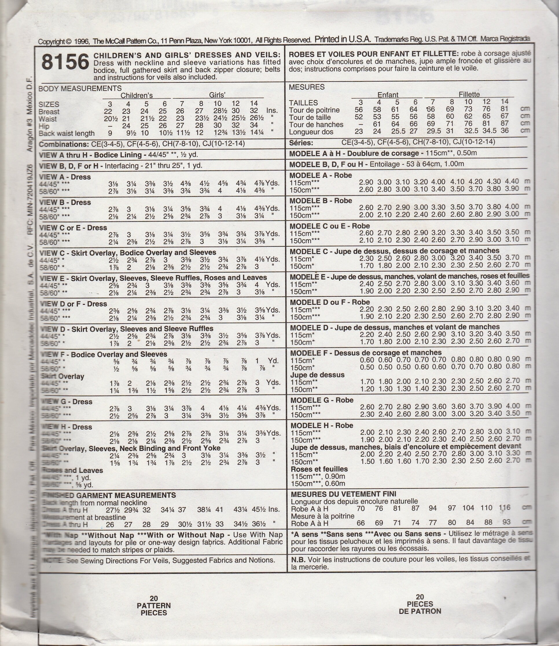 Sewing Pattern Mccalls 8156 Girls' Dresses & Veils Size - Etsy