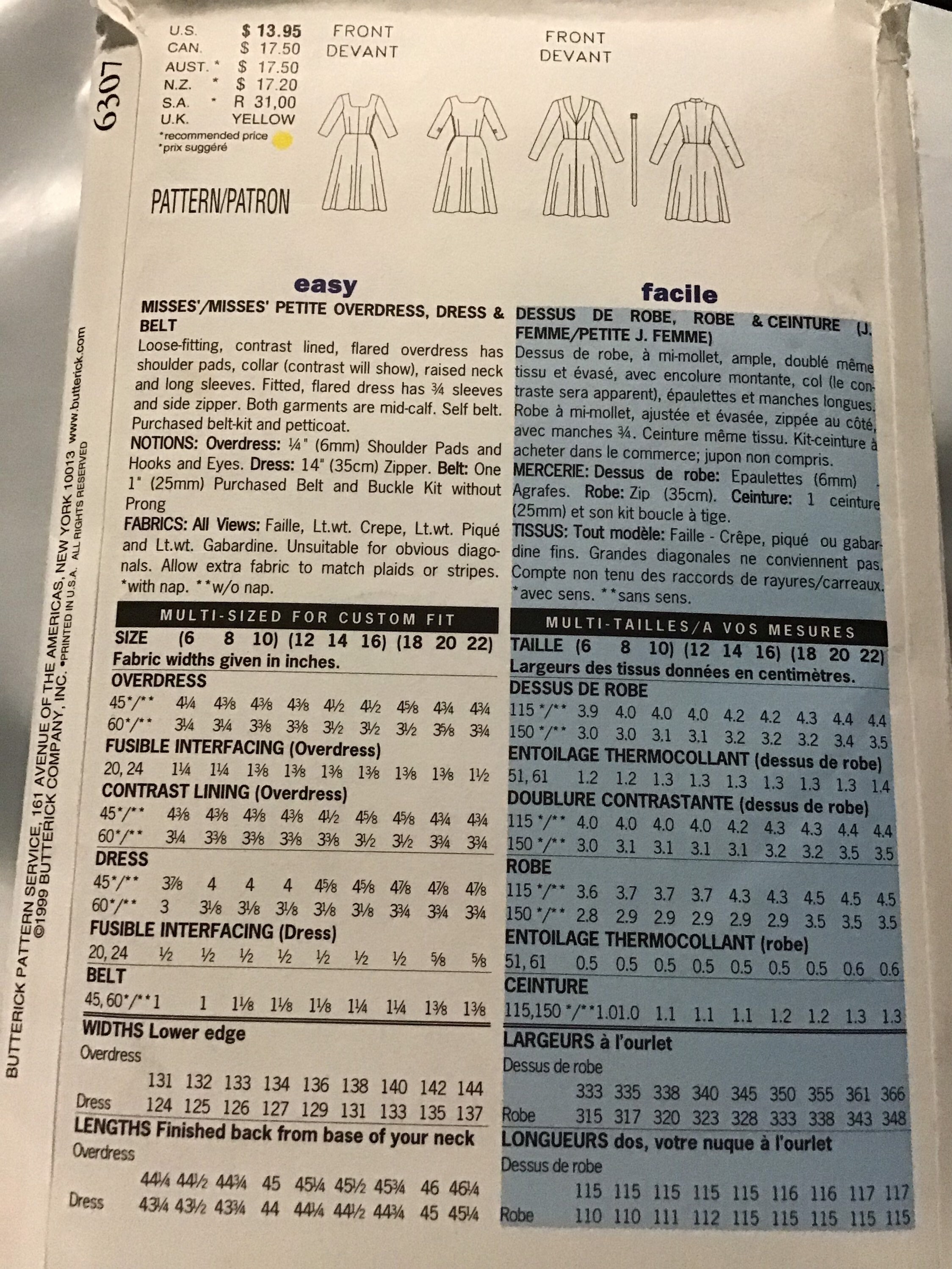 Schnittmuster Butterick 6307 Damen Overdress Kleid & Gürtel | Etsy
