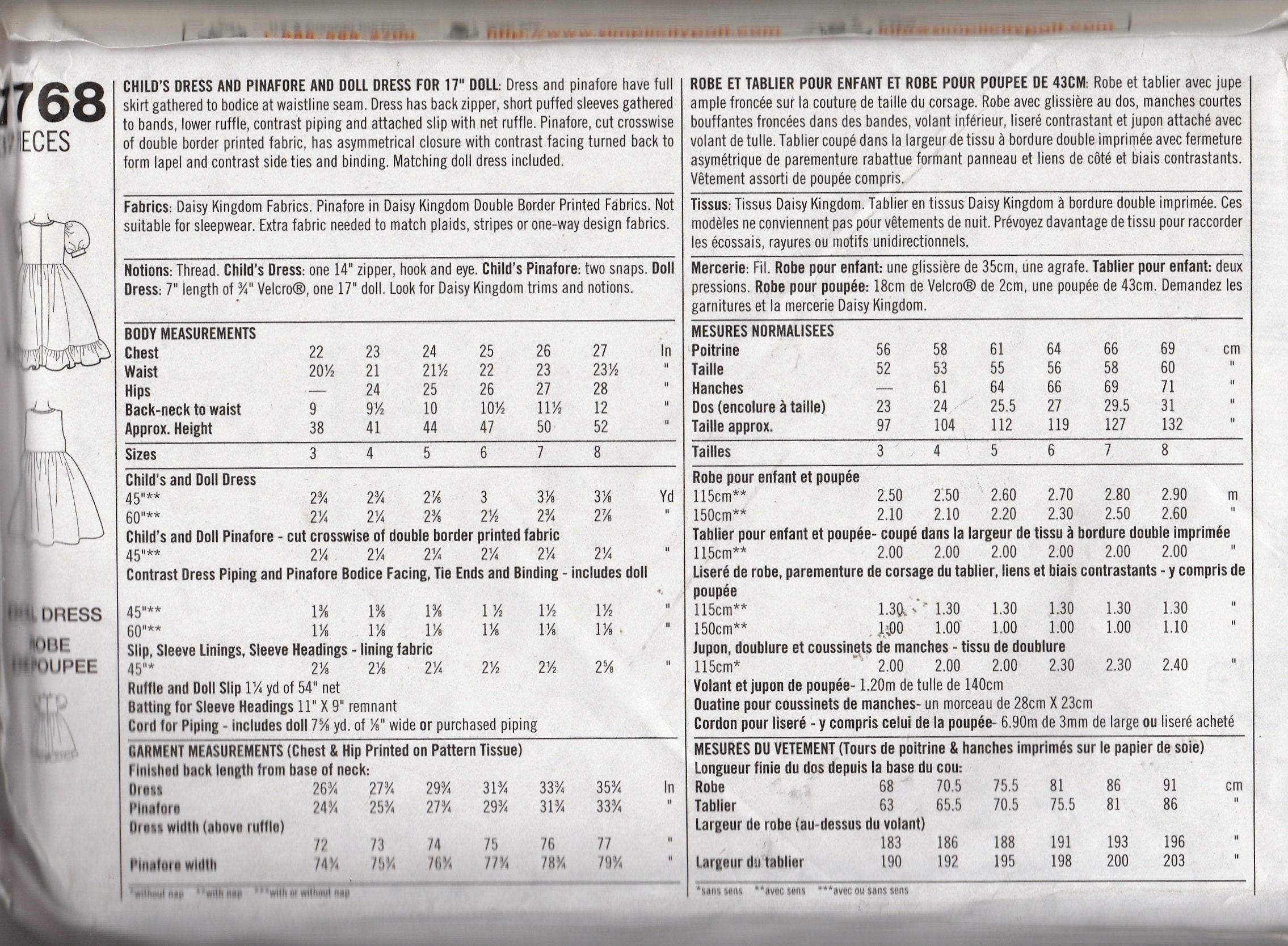 Couture Pattern Simplicity 7768 Robe pour enfants et robe de poupée ...