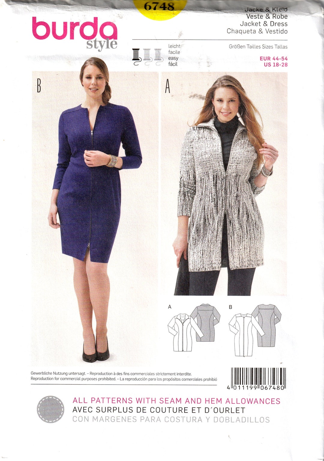 Sewing Pattern Burda 6748 Women's Jacket & Dress, Size 18-28, Uncut - Etsy