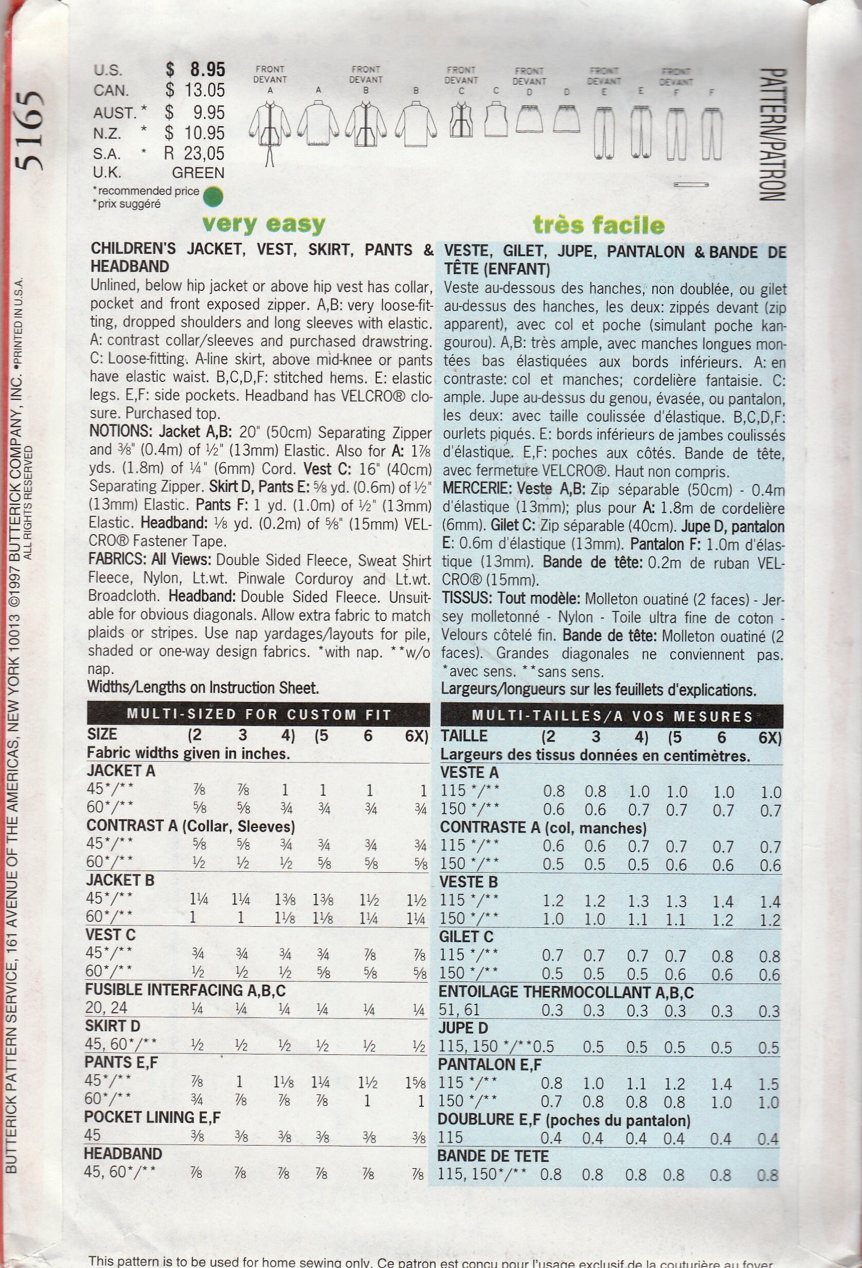 Sewing Pattern Butterick 5165 Children's Jacket, Vest, Skirt, Pants ...