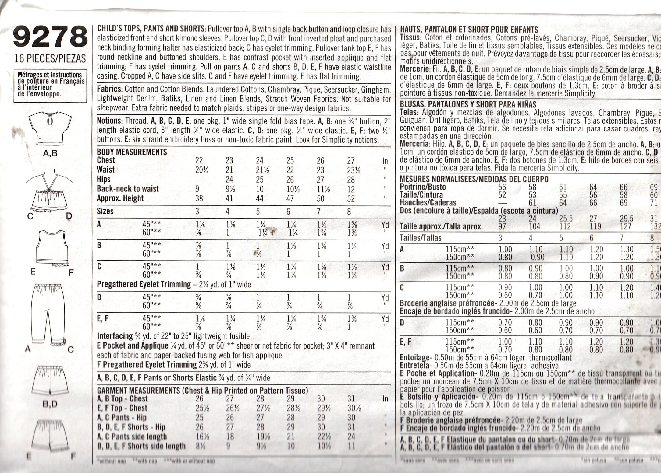 Sewing Pattern Simplicity 9278 Children's Outfits Size - Etsy