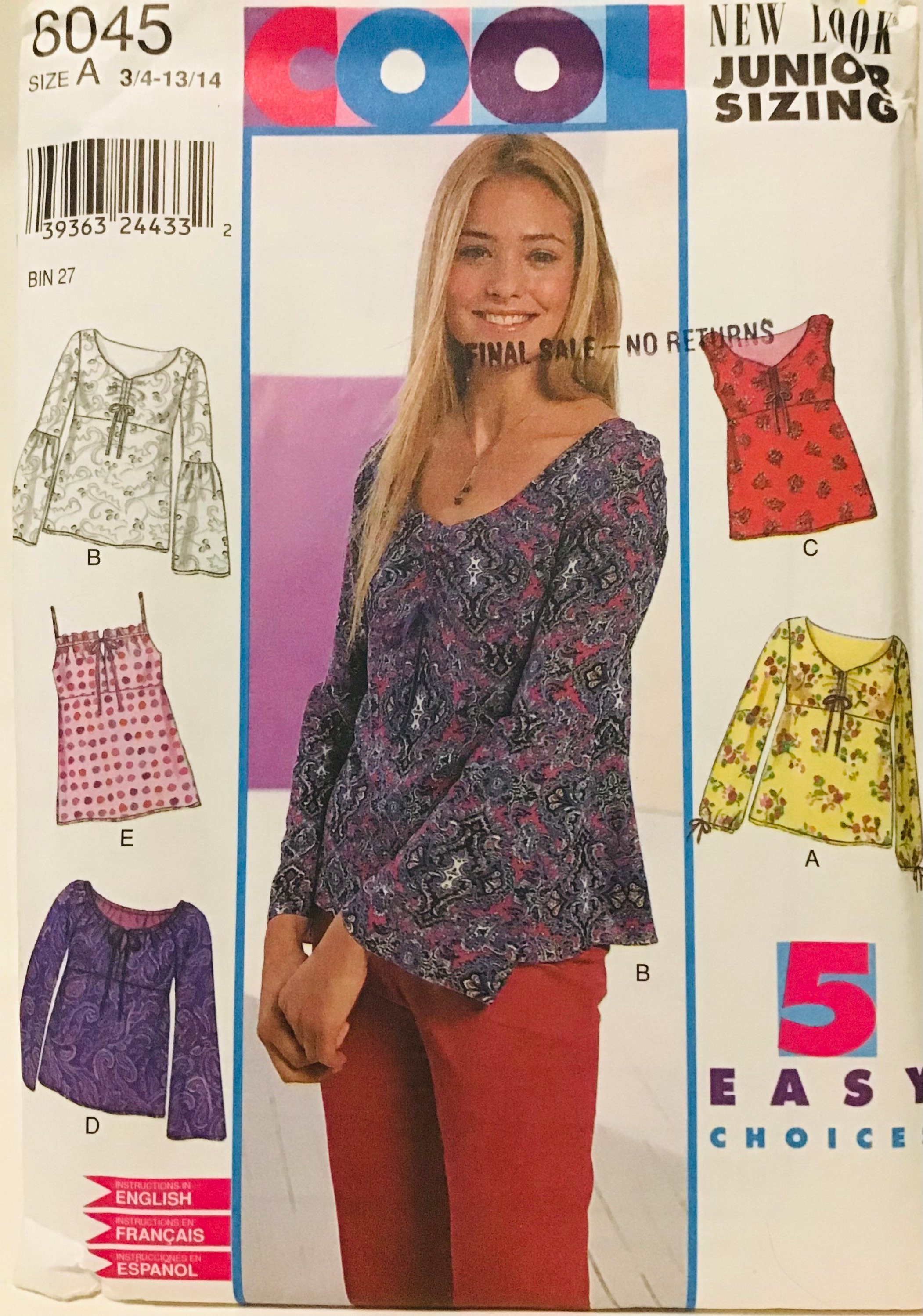 Sewing Pattern New Look 6045 Teen's Womens Top Size 3/4-13/14 Bust 28 ...
