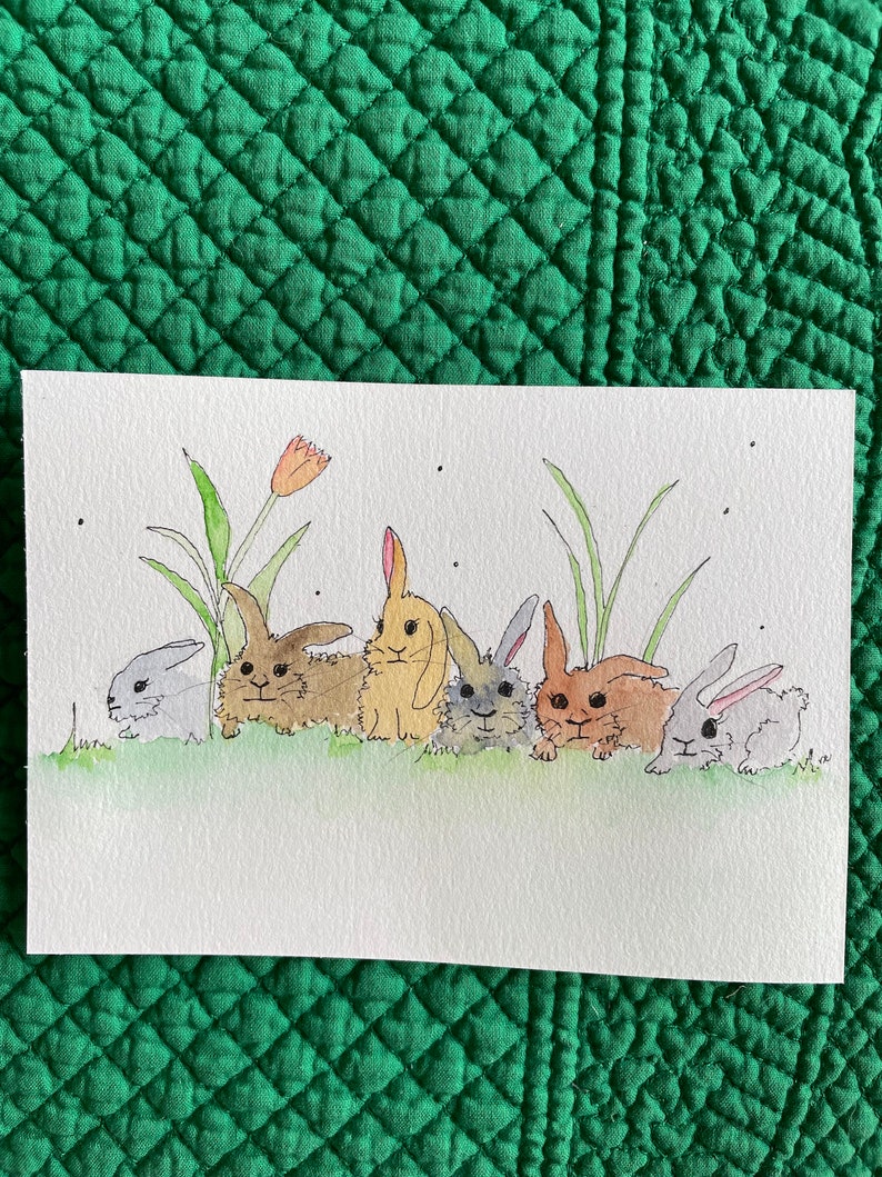 Rabbits Tulip Watercolor Rabbits Bunnies Easter Greeting - Etsy