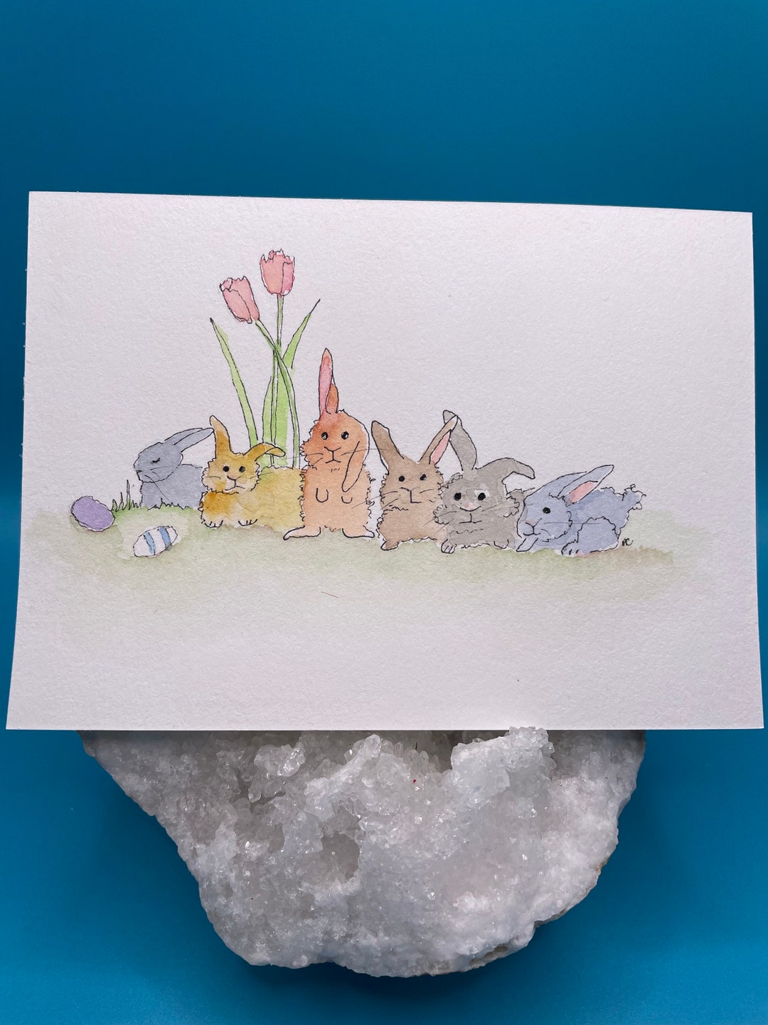 Rabbits Tulip Watercolor Rabbits Bunnies Easter Greeting Spring Gift ...